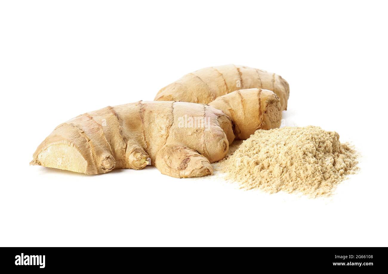 Fresh and ground ginger on white background Stock Photo - Alamy