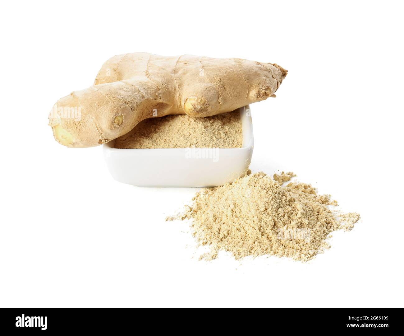 Composition with ginger powder on white background Stock Photo - Alamy
