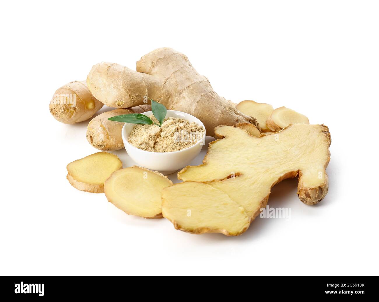 Fresh ginger and powder on white background Stock Photo - Alamy