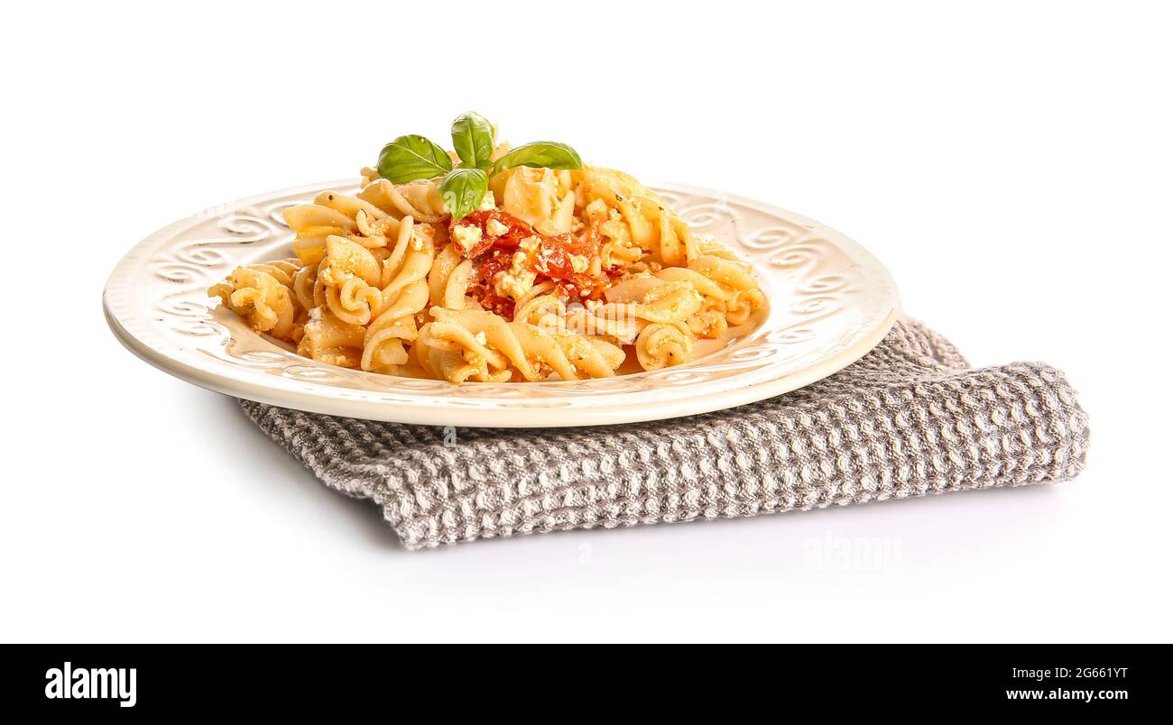 Plate with healthy pasta on white background Stock Photo - Alamy