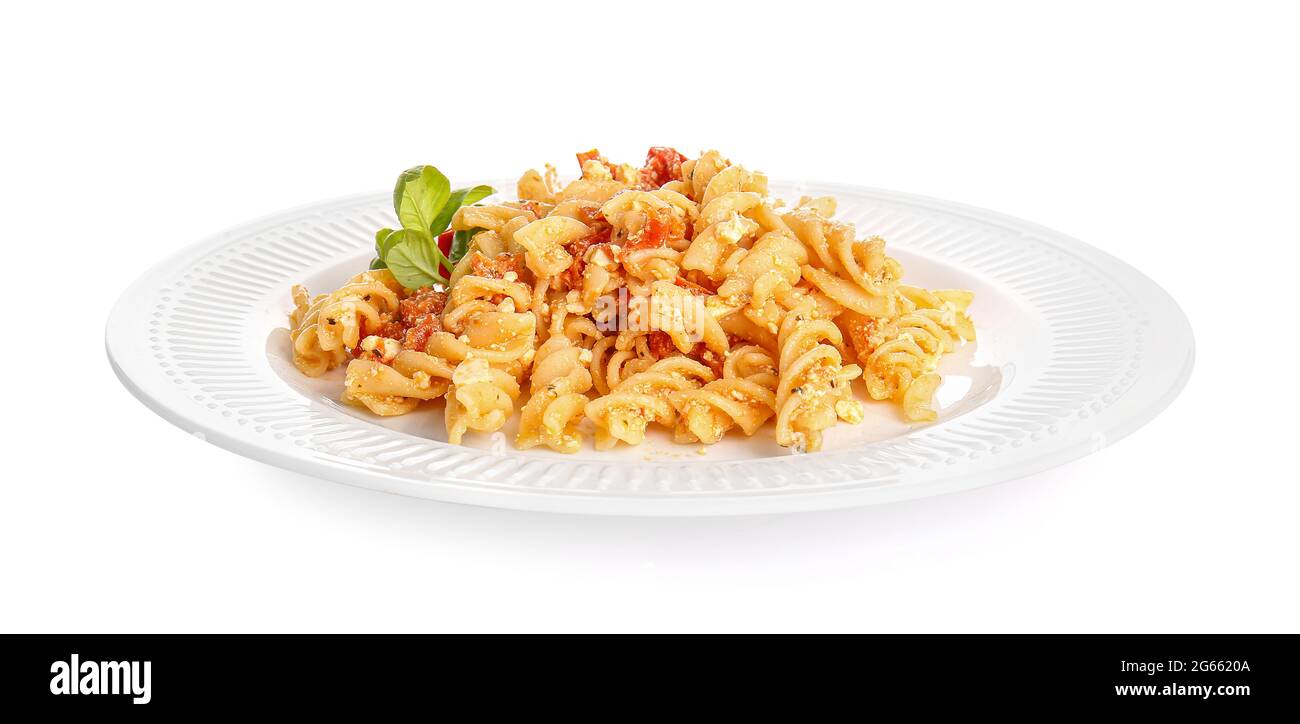 Plate with healthy pasta on white background Stock Photo - Alamy