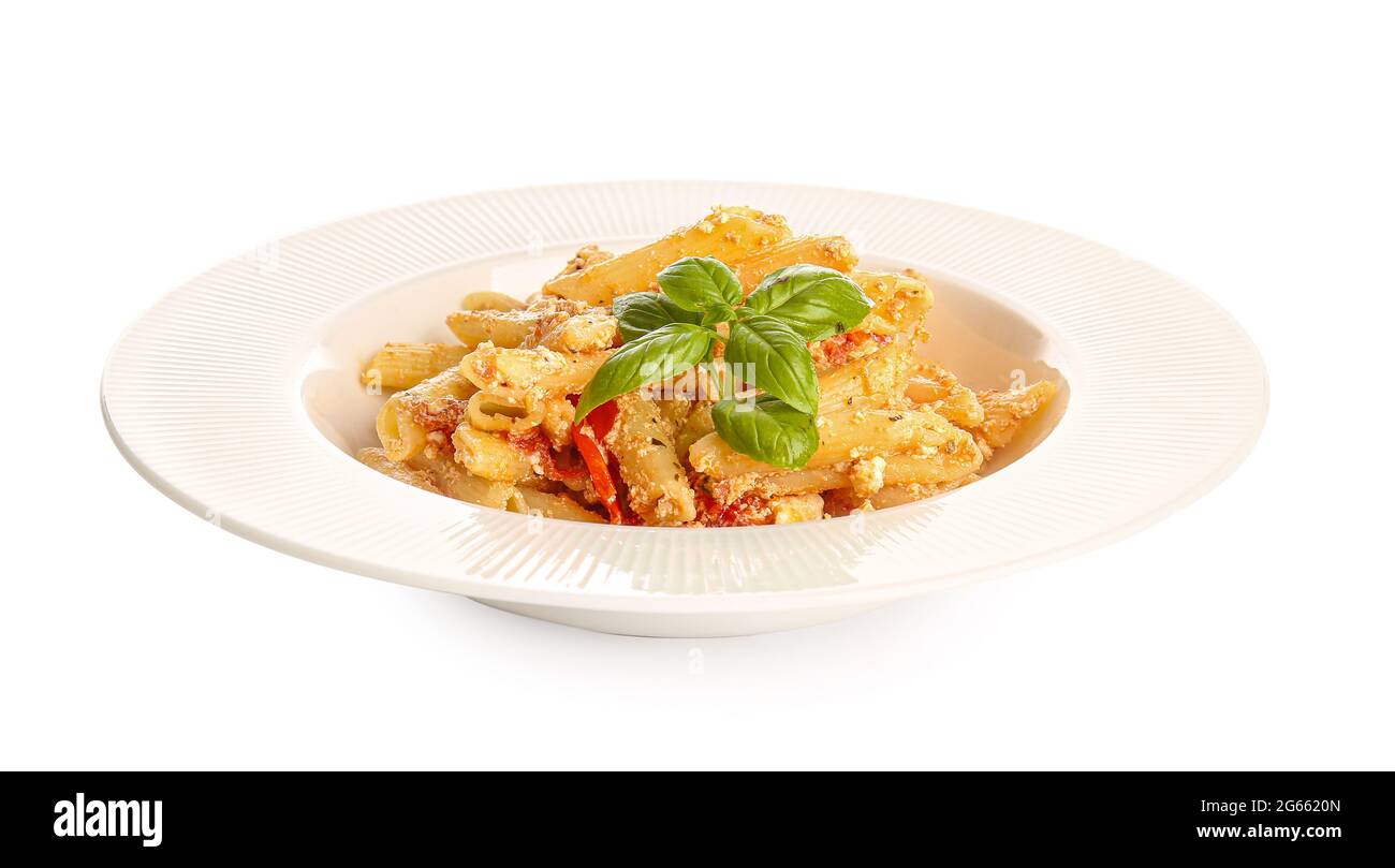 Plate with healthy pasta on white background Stock Photo - Alamy