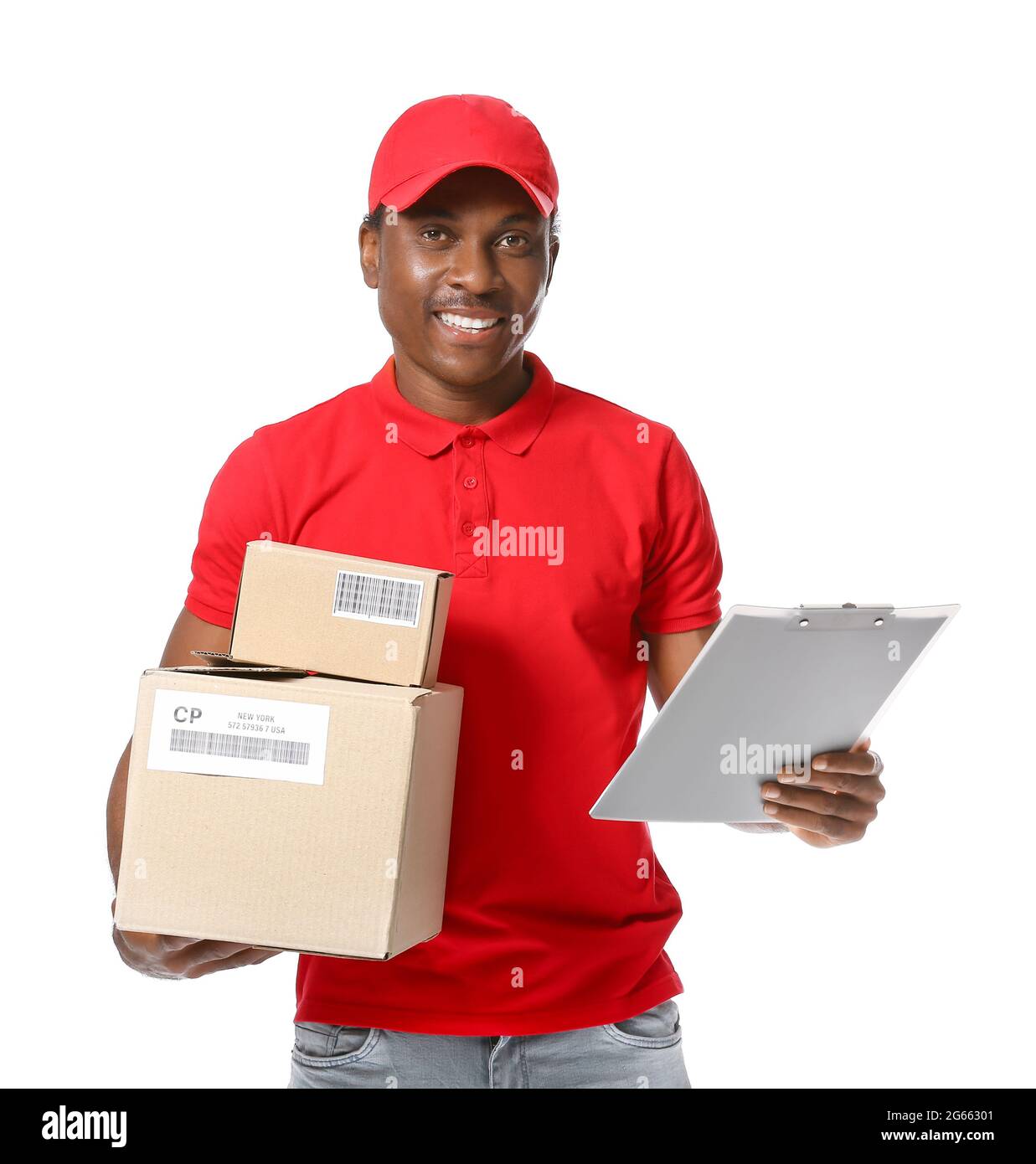 African-American delivery man with parcels on white background Stock ...