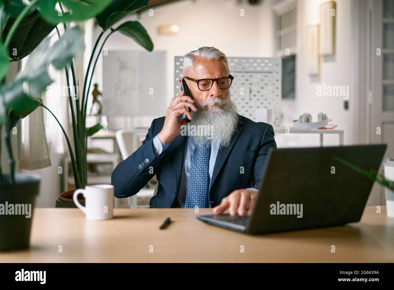 Senior business man doing call with mobile phone while working with ...