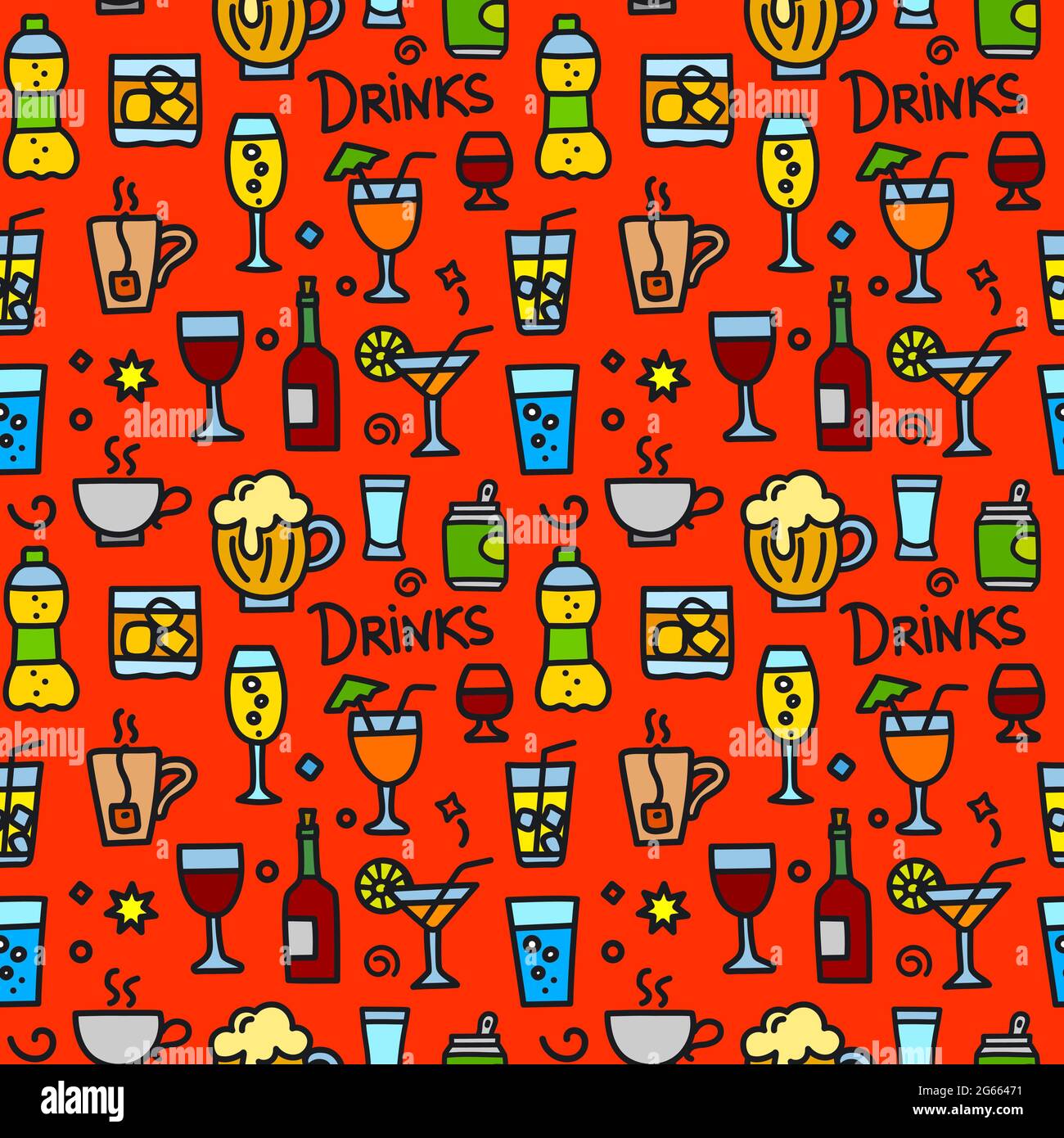 illustration of the different drinks and beverages colorful seamless ...