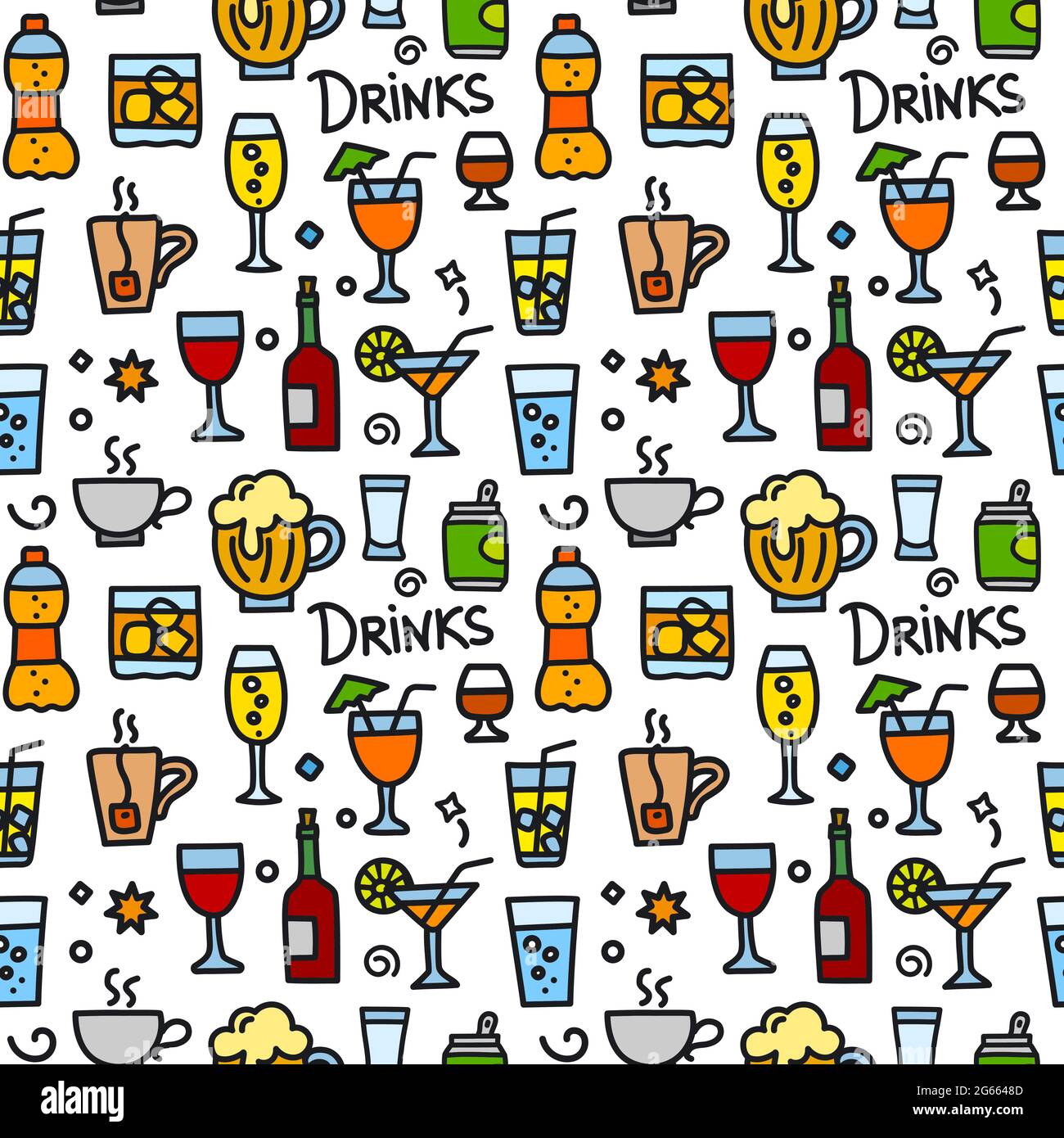 illustration of the different drinks and beverages colorful seamless ...