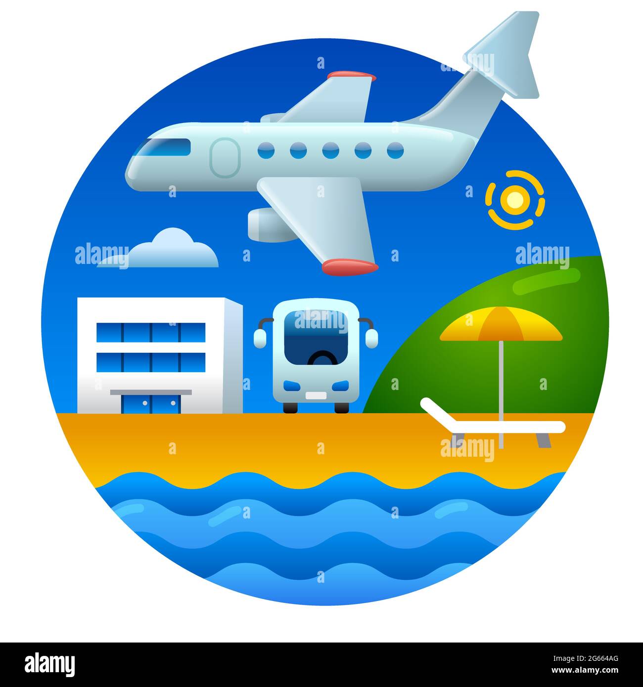illustration of the airplane flight and hotel summer beach resort icon ...