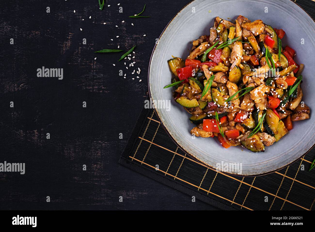 Stir fry with chicken, zucchini and sweet peppers - Chinese food. Top ...