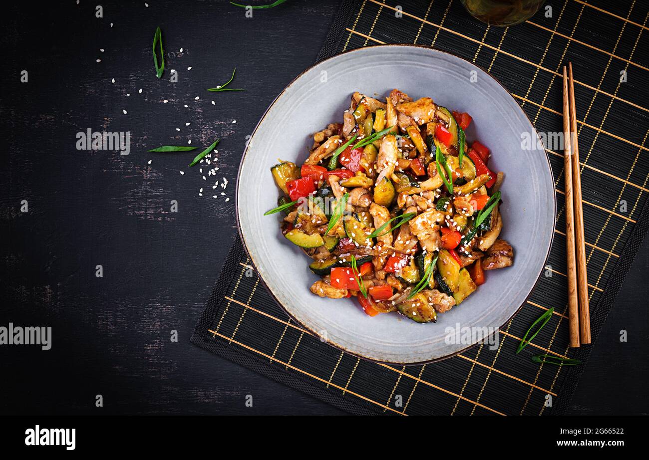 Stir fry with chicken, zucchini and sweet peppers - Chinese food. Top ...