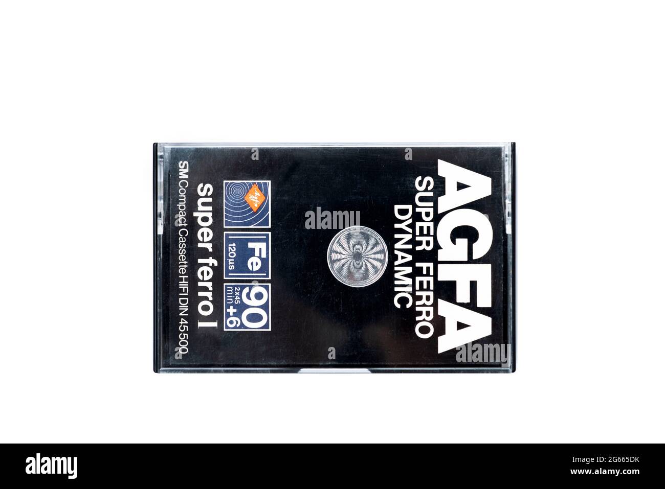 Black AGFA audio cassette, retro audio technology, on white background ...
