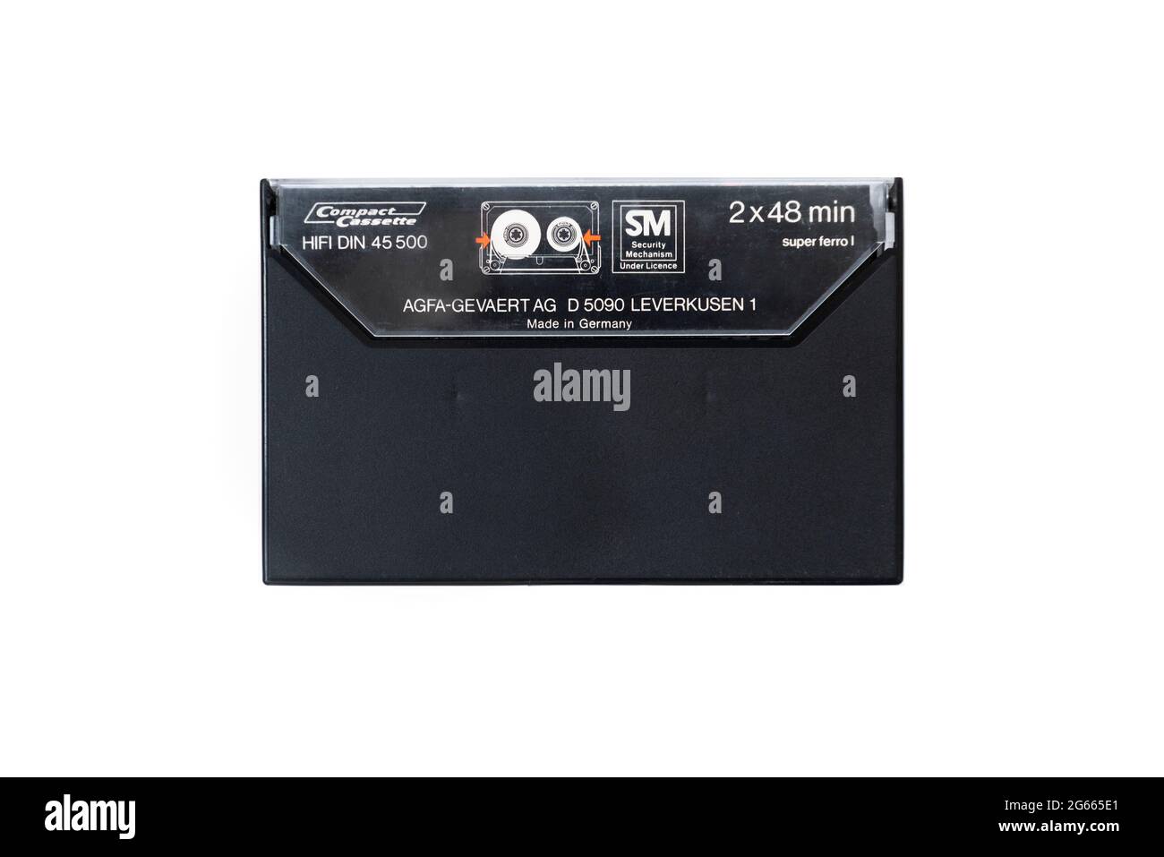 Black AGFA audio cassette, retro audio technology, on white background ...