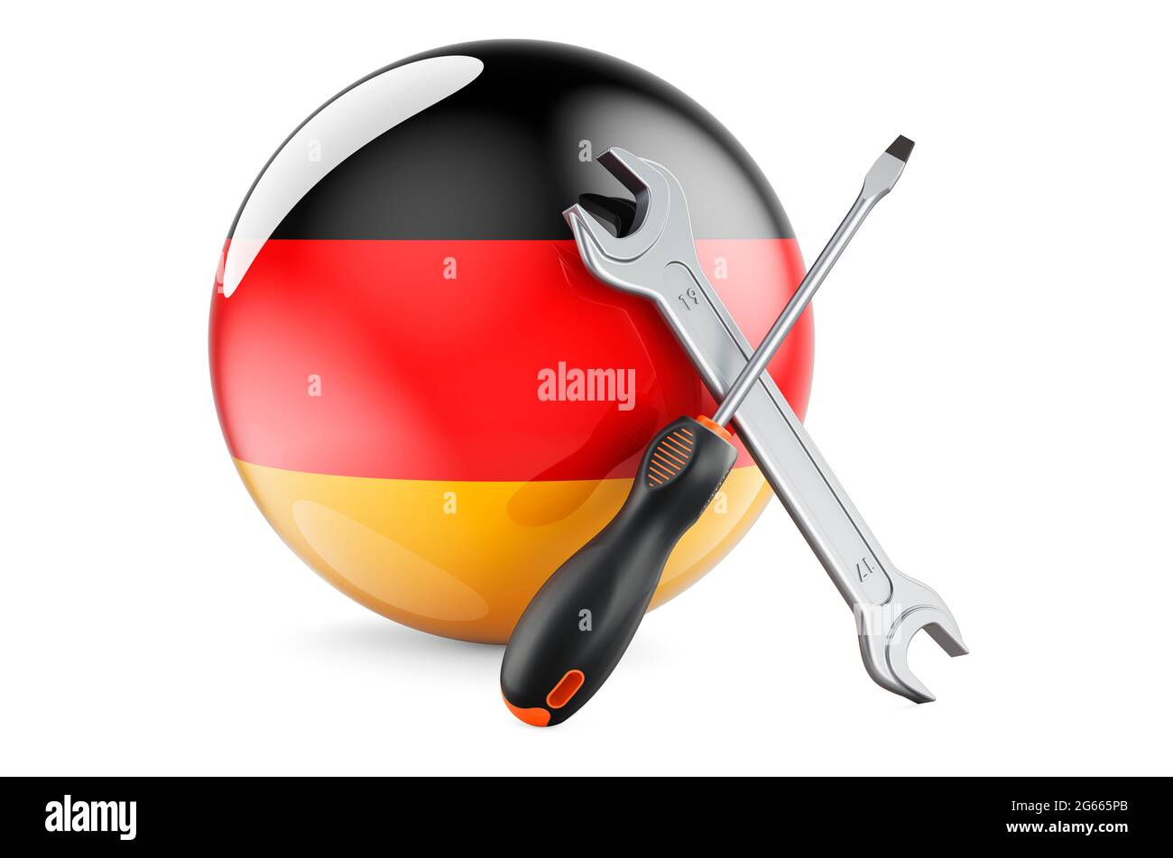 Service and repair in Germany concept. Screwdriver and wrench with ...