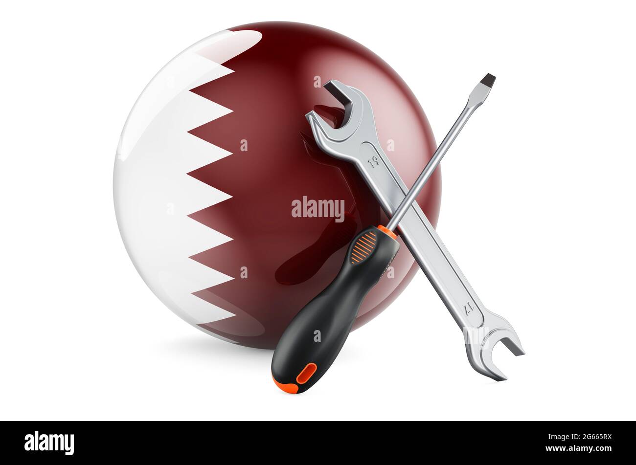 Service and repair in Qatar concept. Screwdriver and wrench with Qatari ...