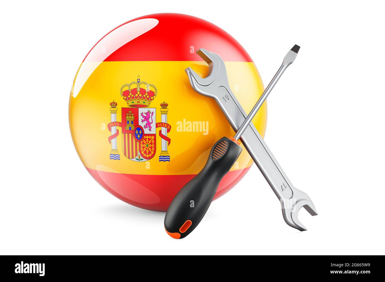 Service and repair in Spain concept. Screwdriver and wrench with ...