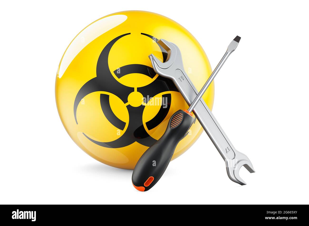 Screwdriver and wrench with bio hazard symbol, 3D rendering isolated on ...