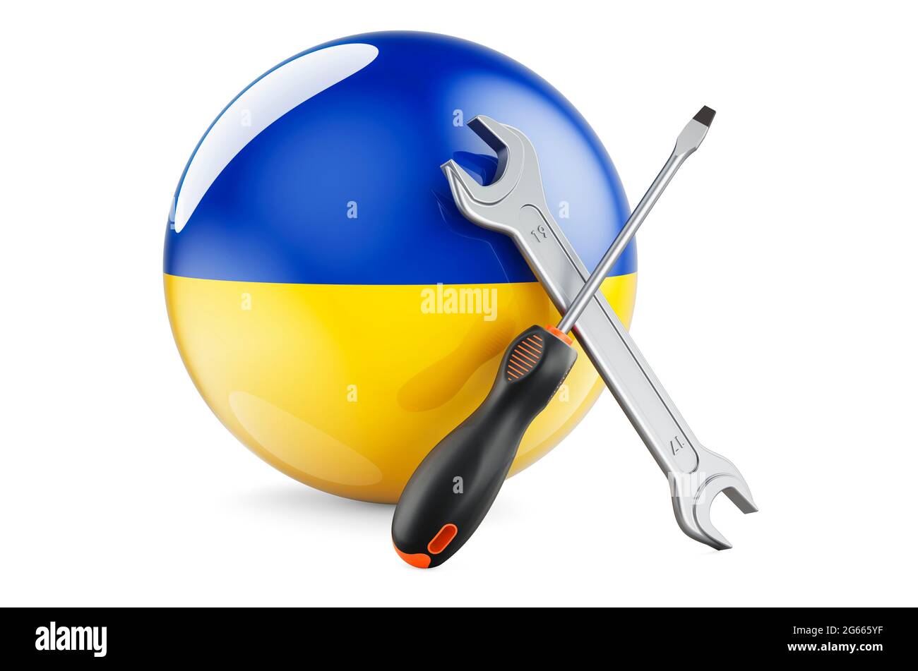 Service and repair in Ukraine concept. Screwdriver and wrench with ...