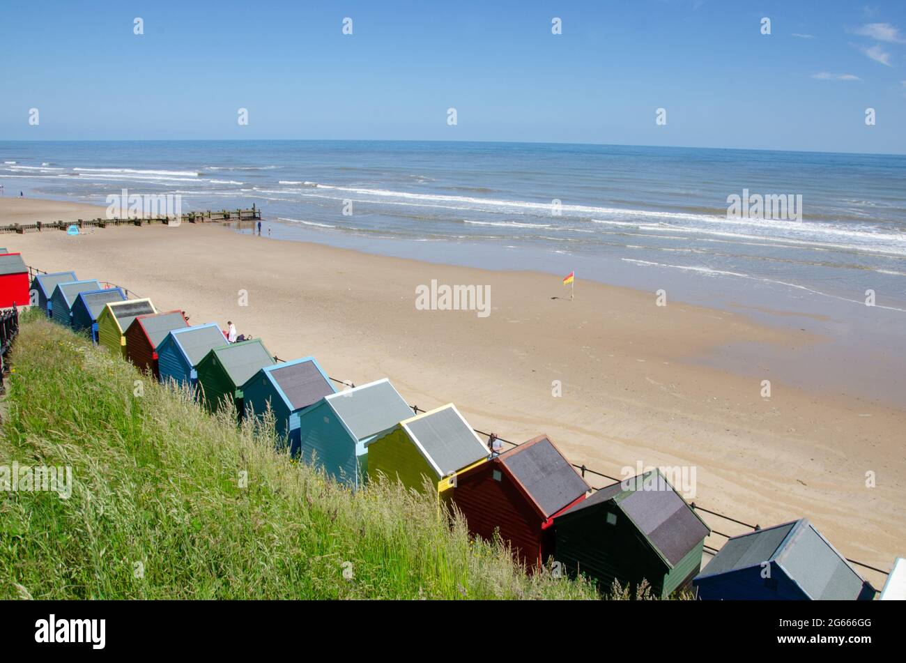 The beach and beach huts at the seaside resort of Mundesley, Norfolk ...