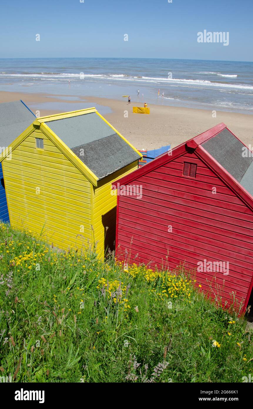 The beach and beach huts at the seaside resort of Mundesley, Norfolk ...