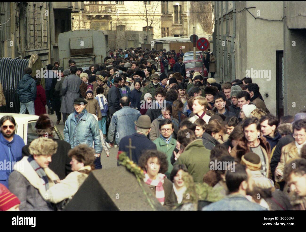 Bucharest, Romania, 1990. Hundreds of people gathered at the launching ...