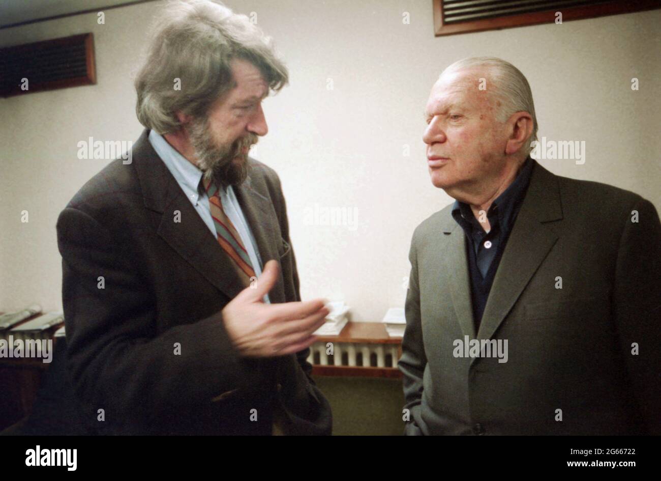 Romanian politicians Eugen Mihaescu (left) and Silviu Brucan (right) in ...