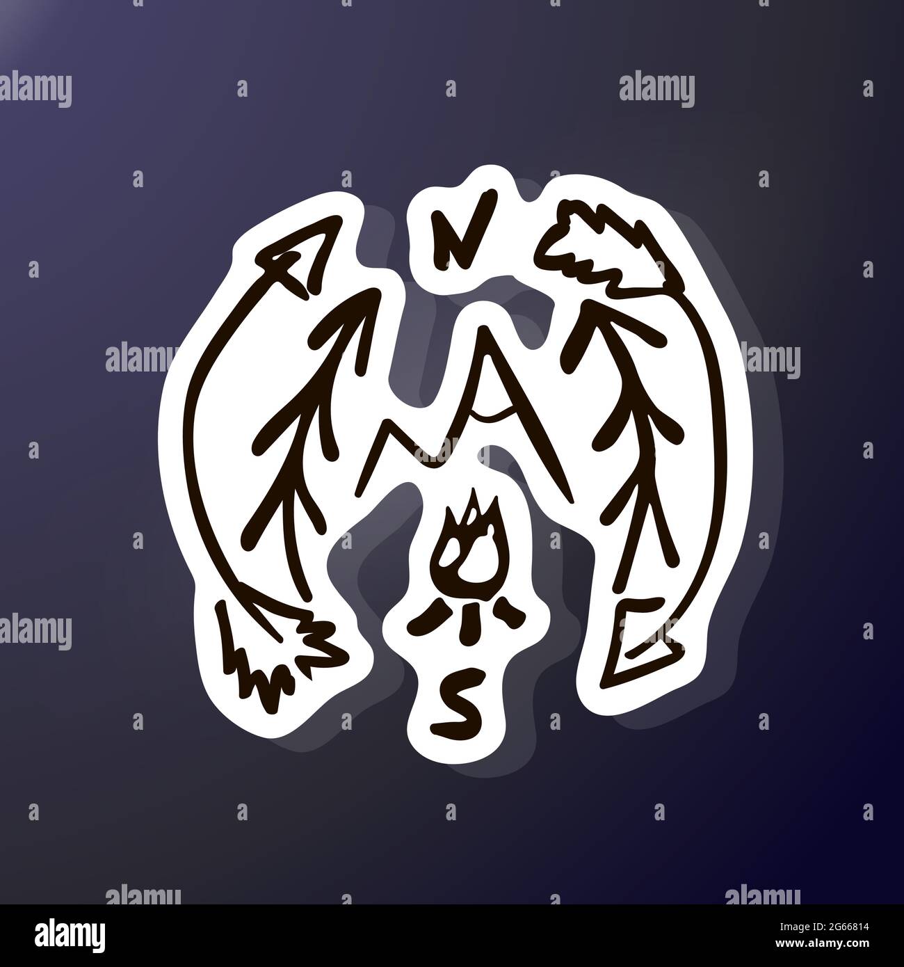 Doodle illustration of mountains, trees, bonfire, arrows. Direction ...