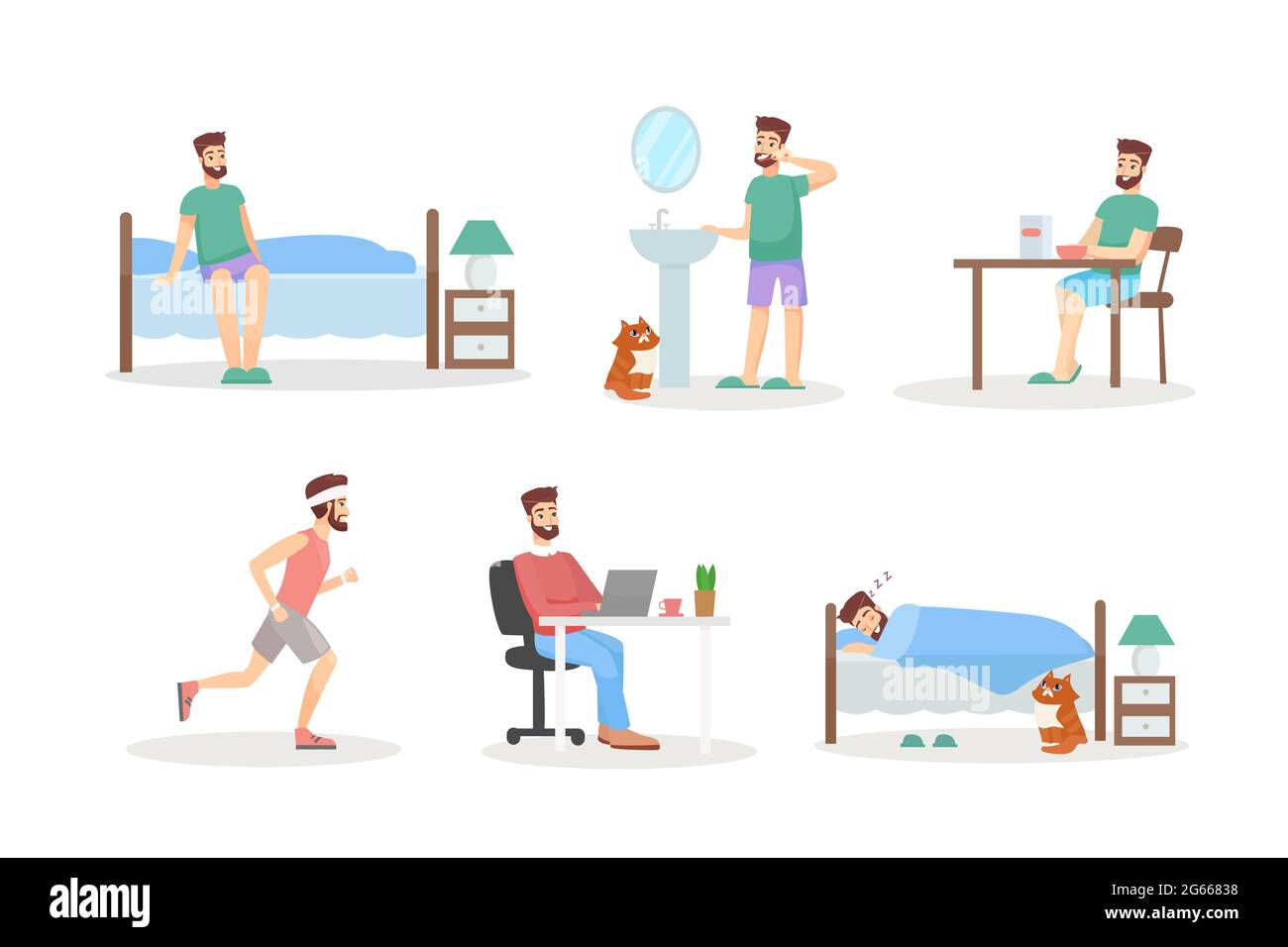 Man day routine flat vector illustrations set. Morning, day and evening ...