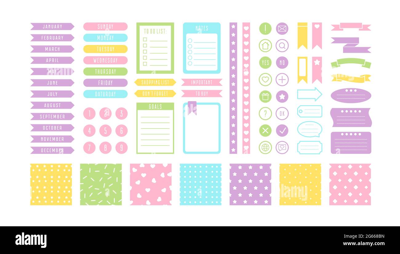 Pastel stickers flat vector illustrations set. Calendar and notebook ...