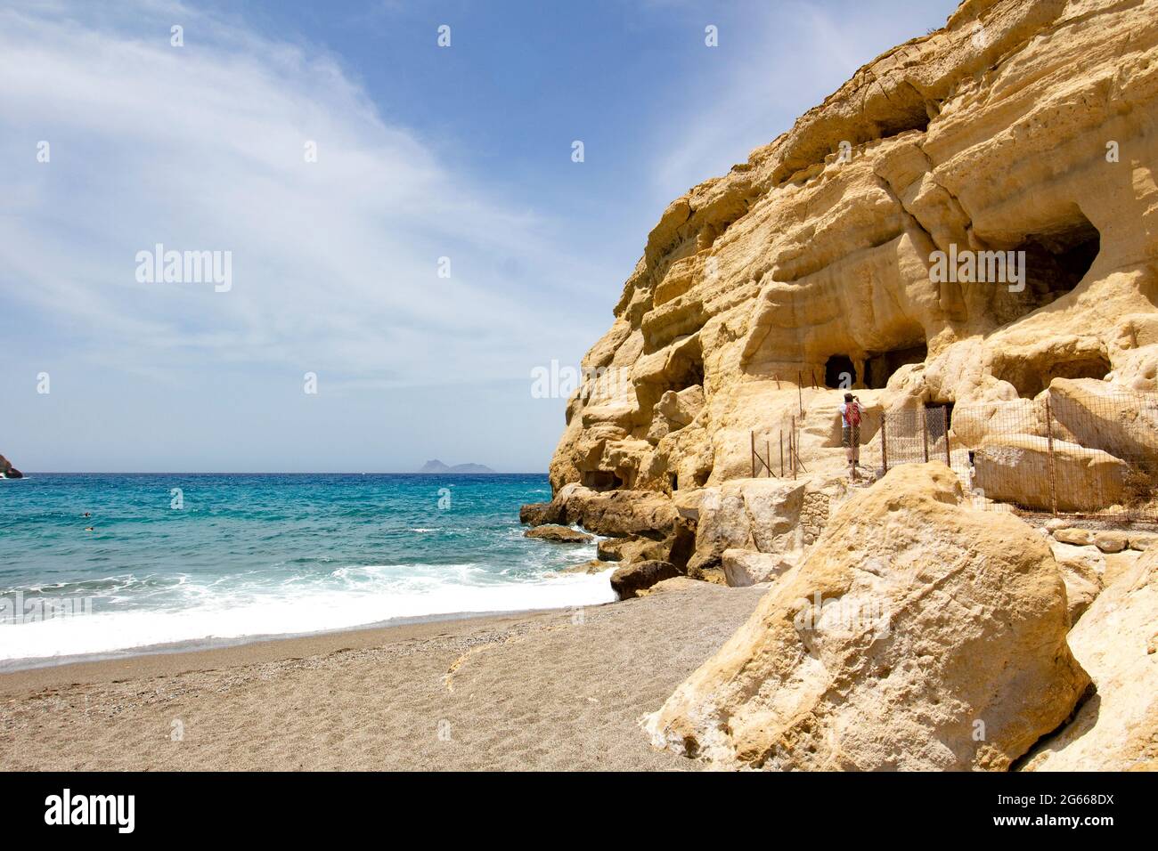 A seaside cliff with caves in Matala, Crete, Greece, landscape ...