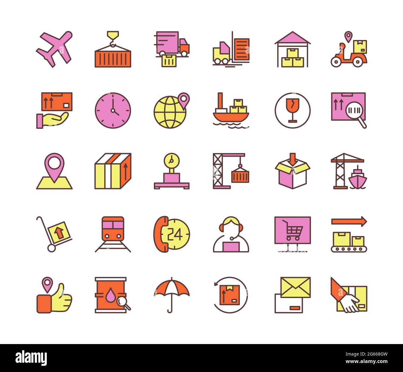 Freight and passenger transportation, logistics color icons vector ...