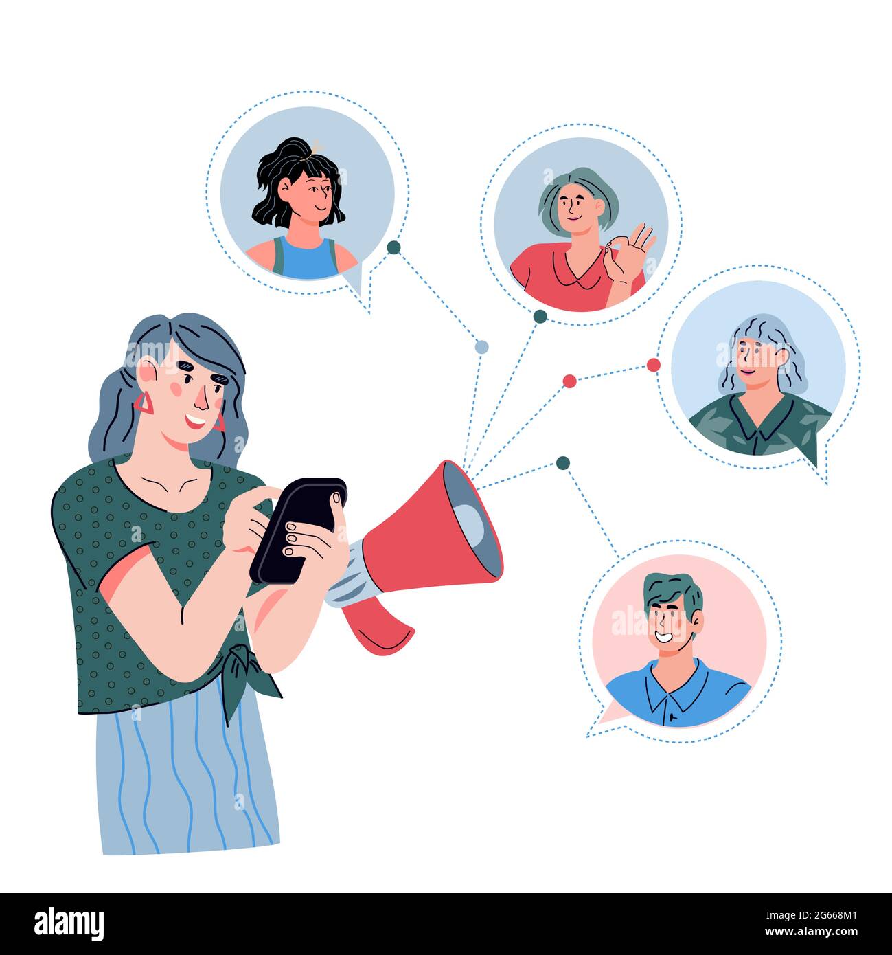 Refer a friend concept with woman massaging with her friends via mobile ...