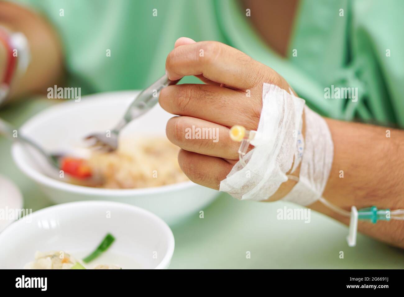 Asian lady woman patient eating breakfast healthy food with hope and ...