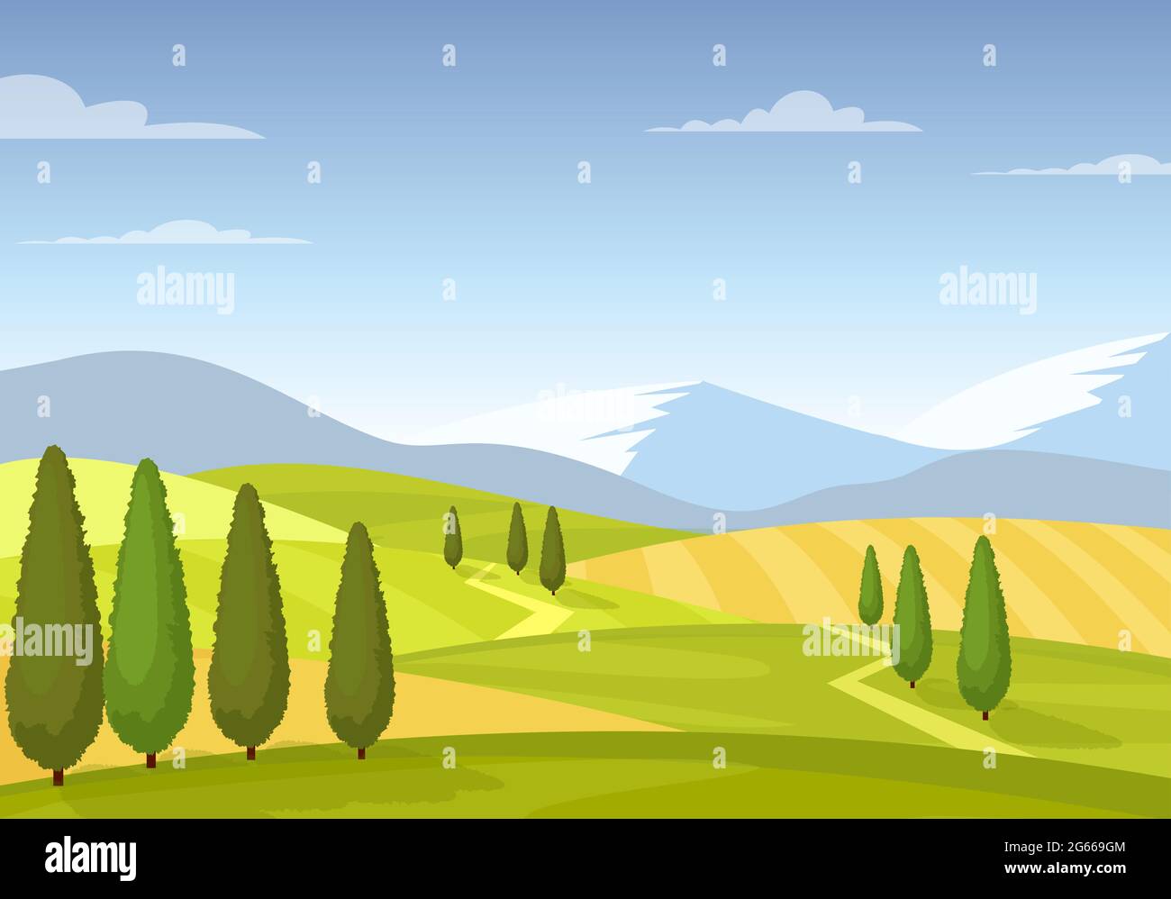 Fields and meadows colorful rural landscape vector illustration Stock ...