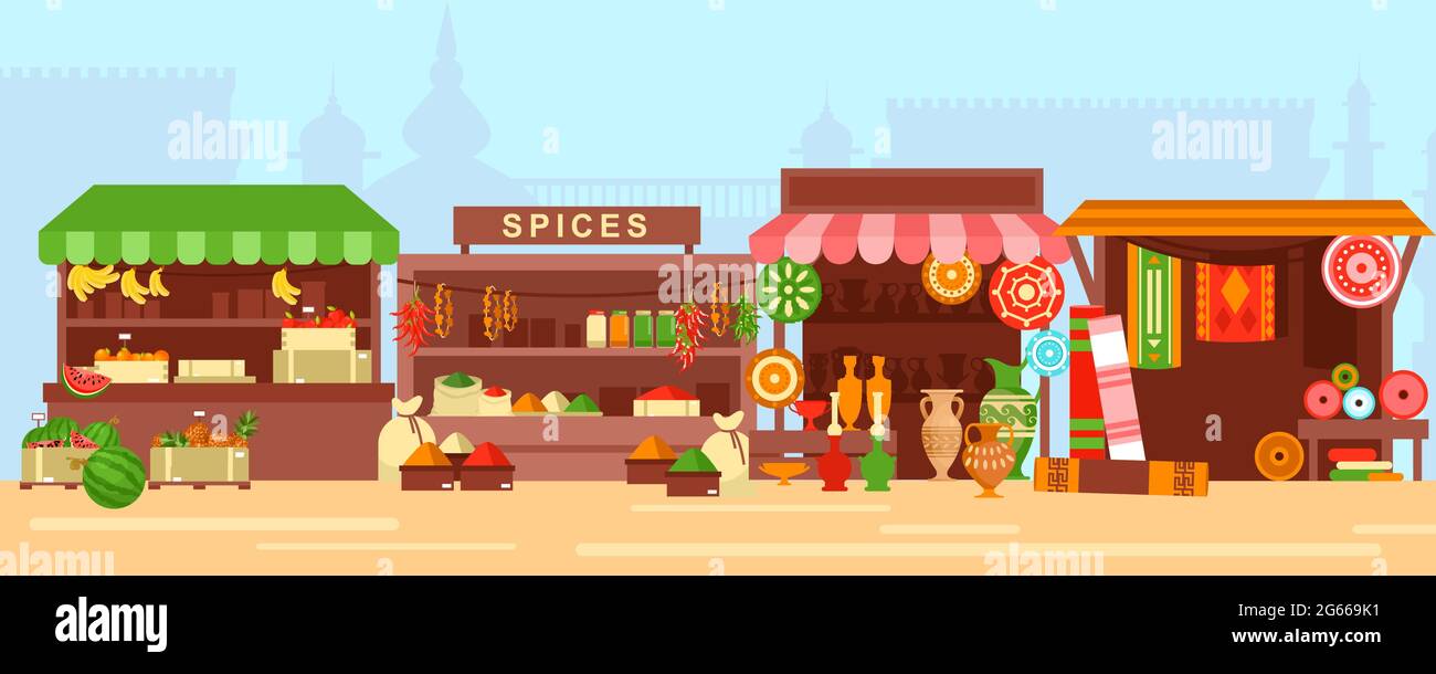 Eastern bazaar, street market flat vector illustration. Empty arabic ...
