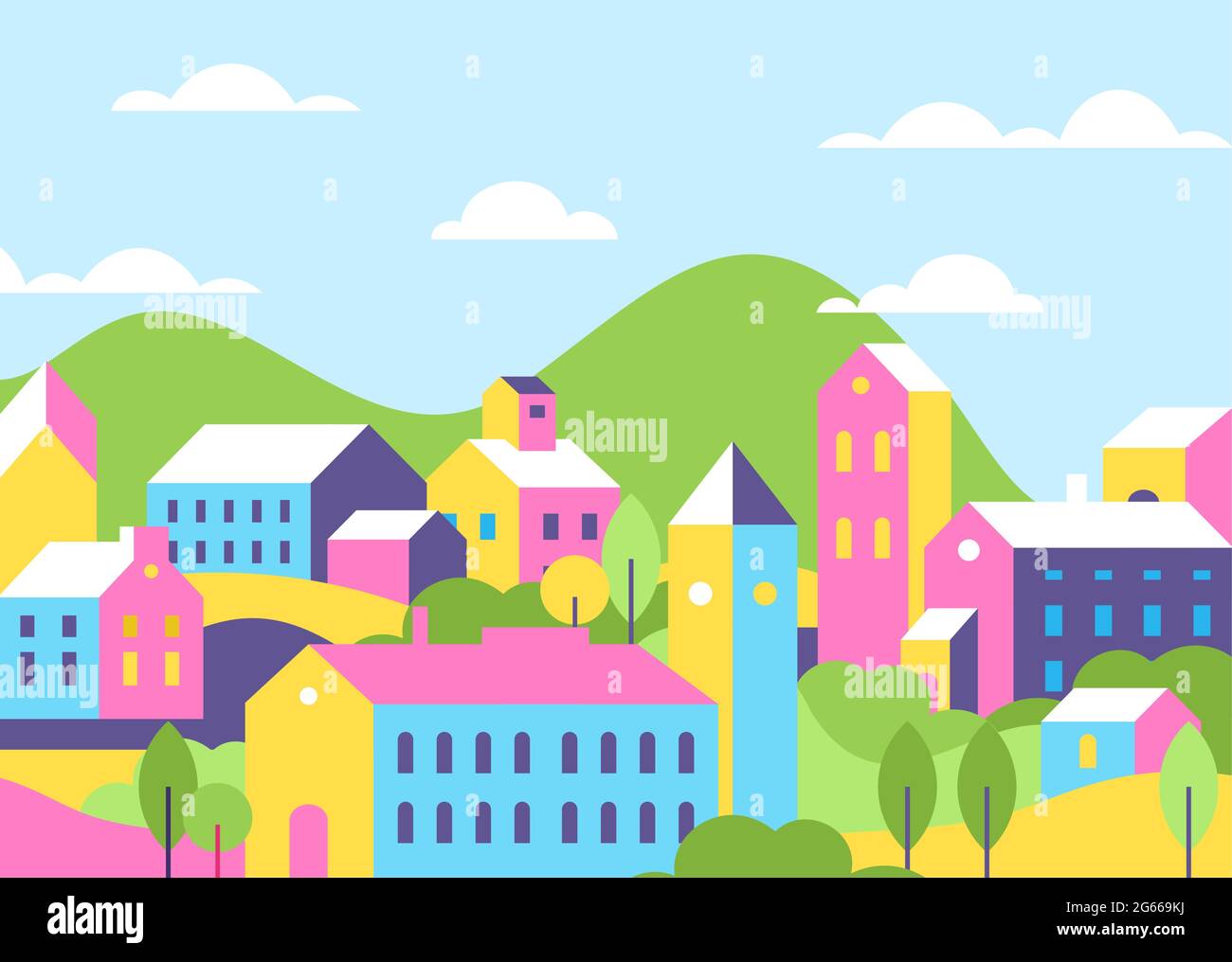 Town houses architecture bright color flat vector illustration Stock ...
