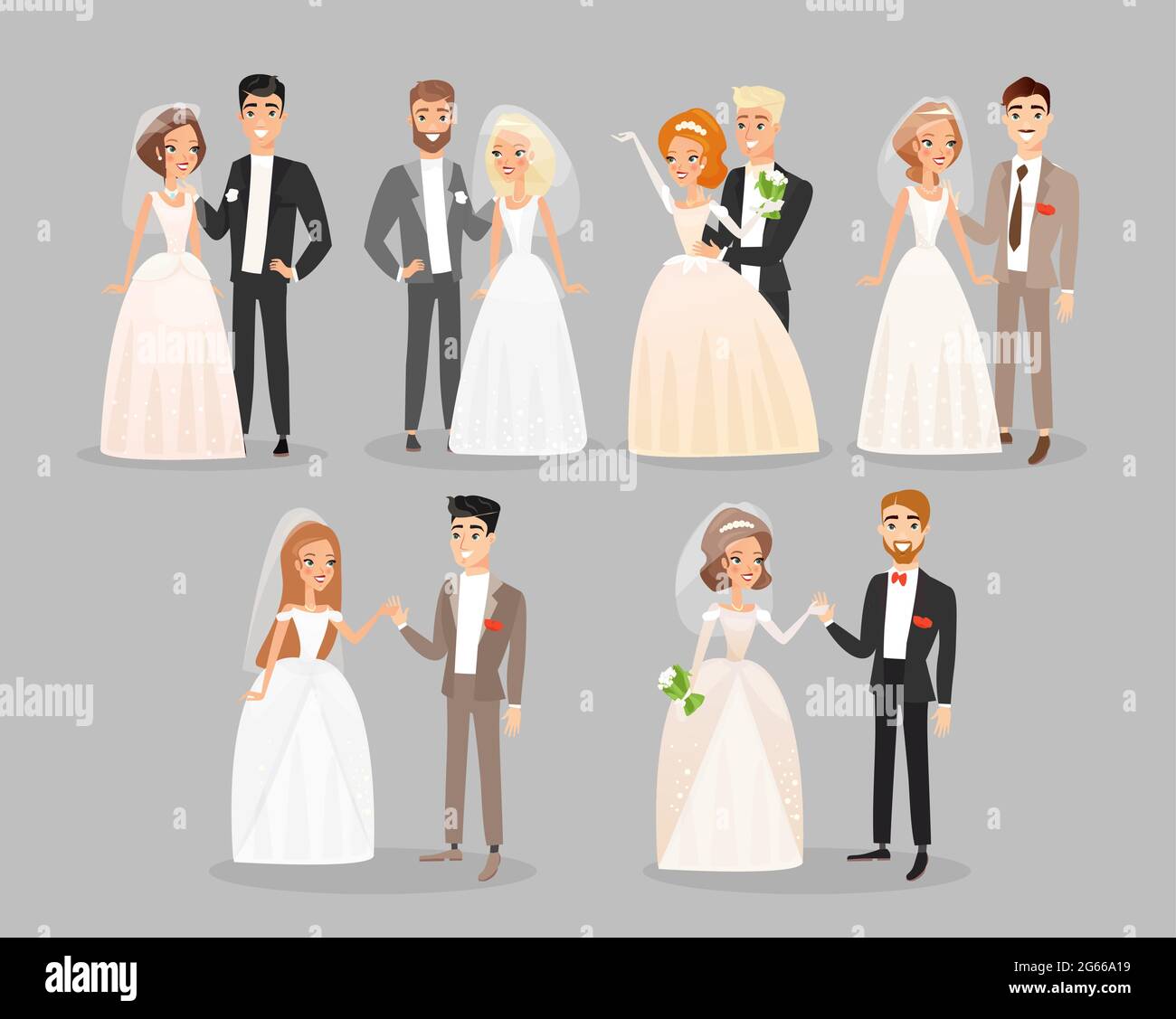 Newlywed couples flat vector illustrations set. Wedding day bride and ...