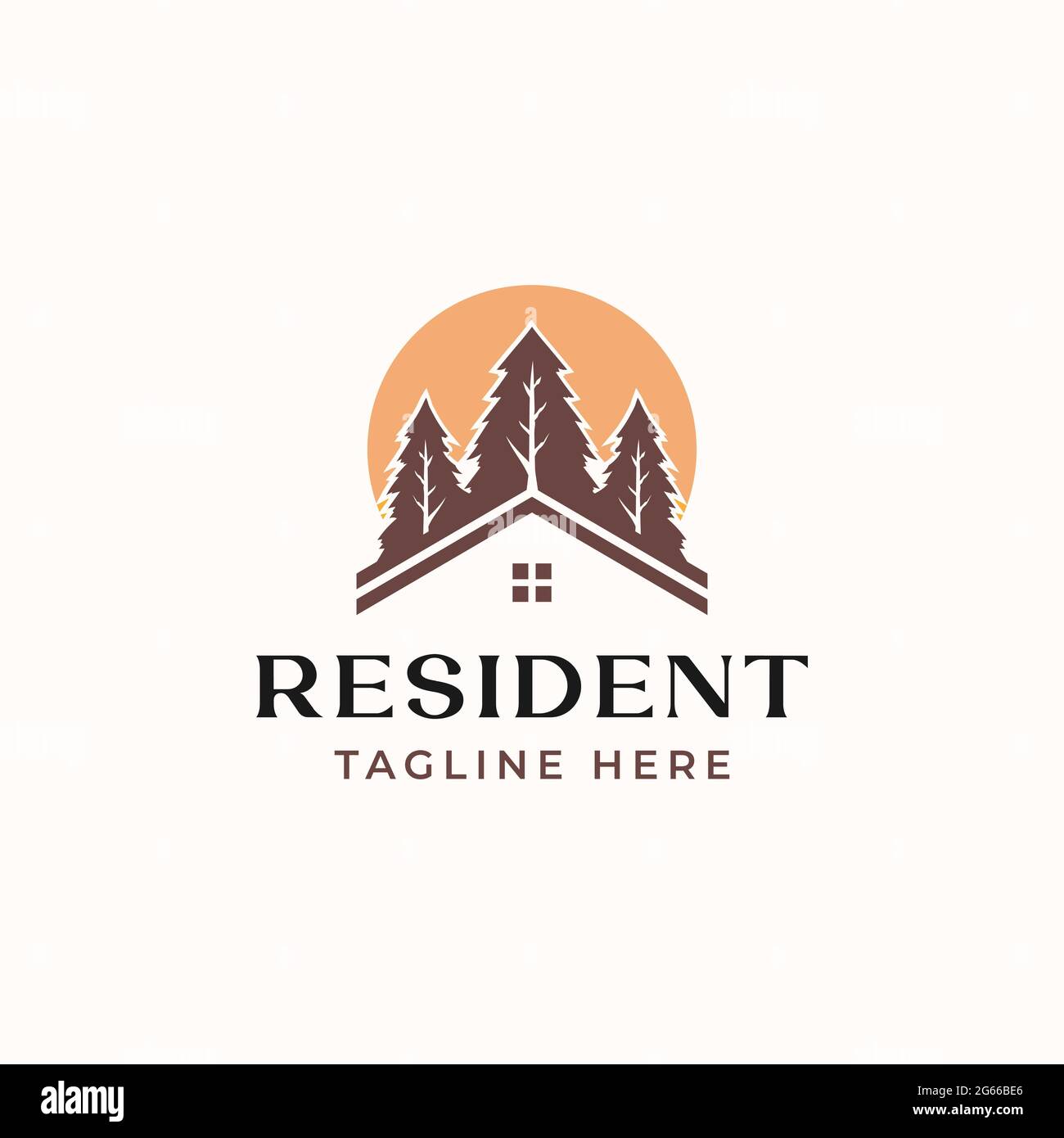 Roof House Pine Tree with Sunset Background Logo Template Isolated in ...
