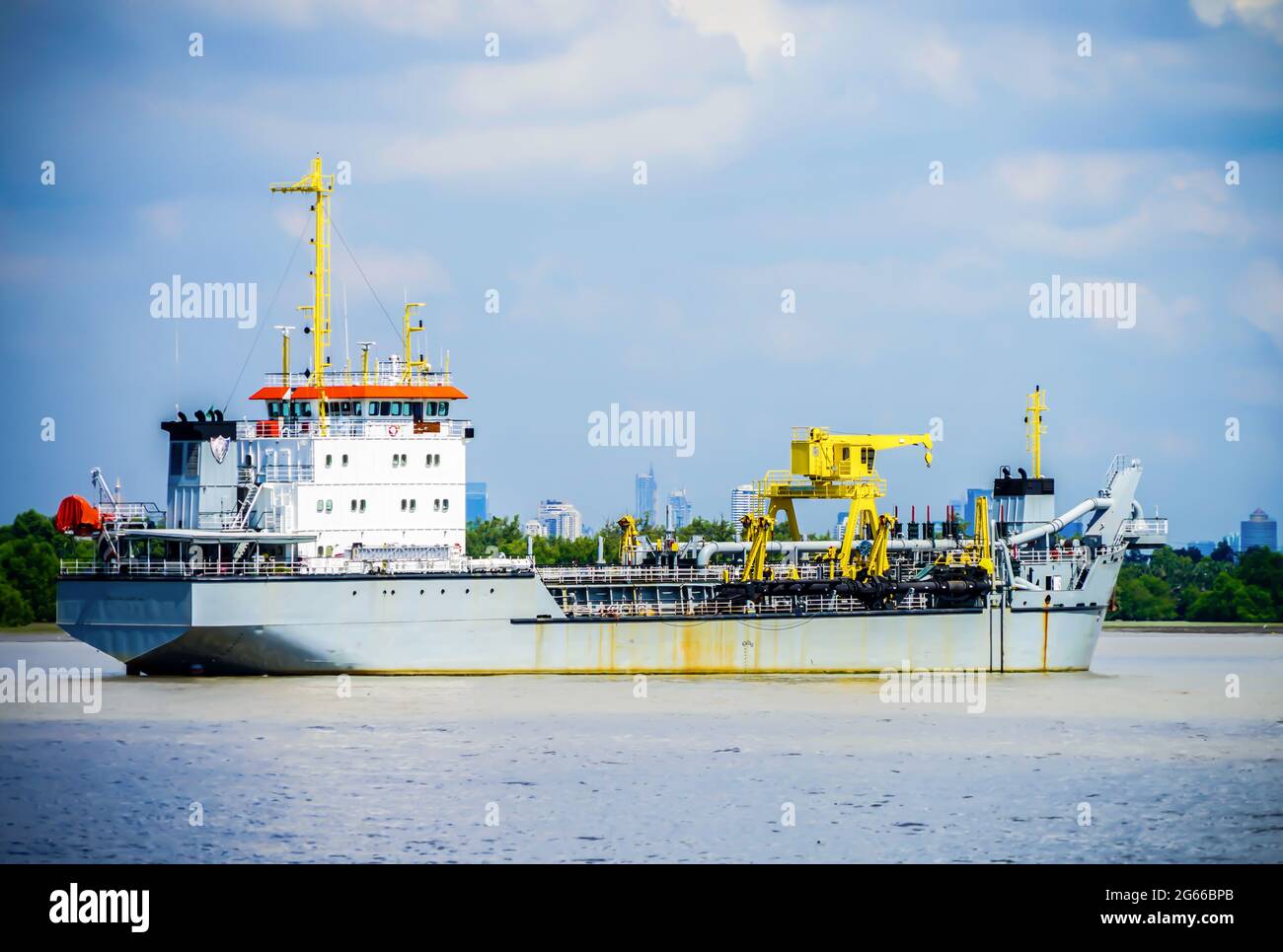 Cargo ship at river of Thailand in Asia, Logistics, transportation and ...