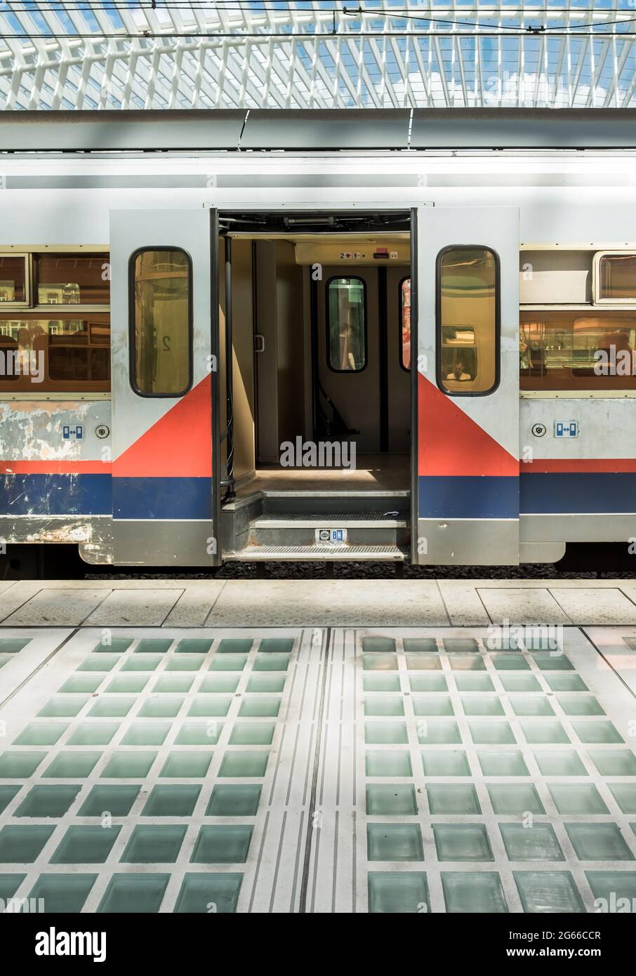 Train in the modern train station of Liege, Sunday 6 August 2017, Liege ...