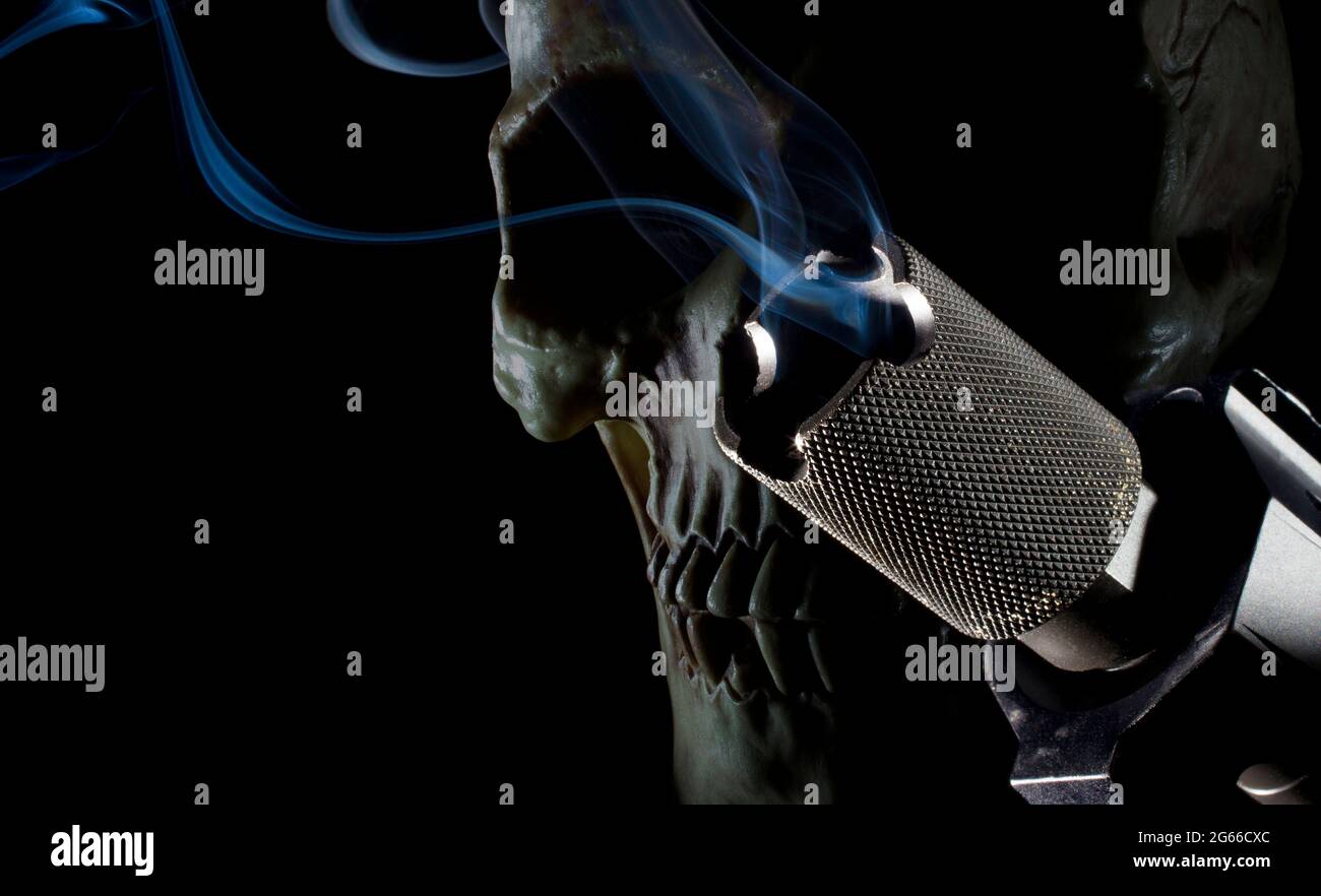 3D rendering of a ghost gun with a smoking barrel of a gun in front ...