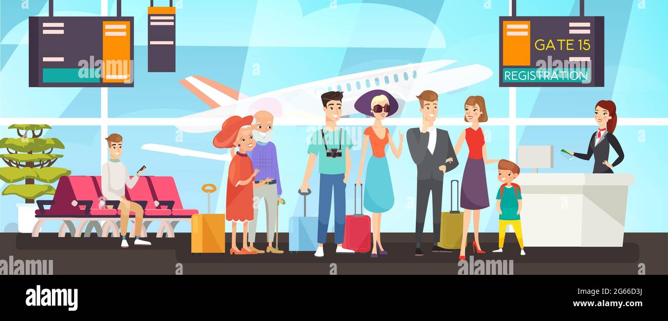 People in flight registration line flat vector illustration. Happy ... People in flight registration line flat vector illustration. Happy ...