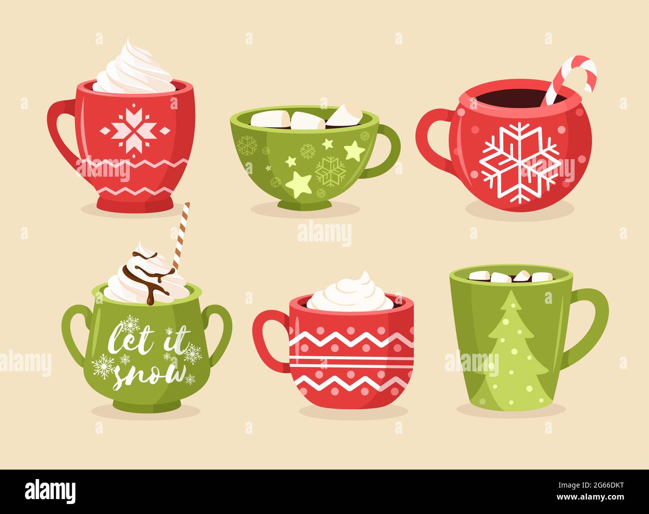 Christmas cups flat vector illustrations set. Festive mugs with ...