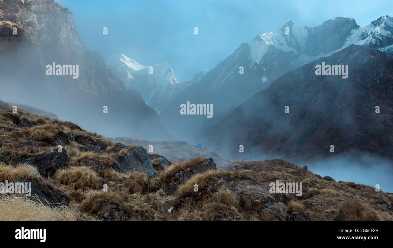 Misty mountains, morning in Himalayas, Nepal, Annapurna region Stock ...