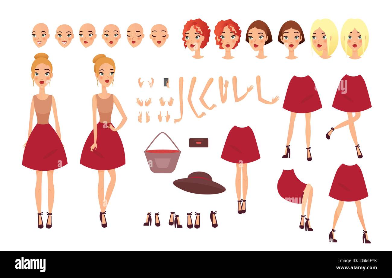 Vector illustration of young woman set with different positions of body ...