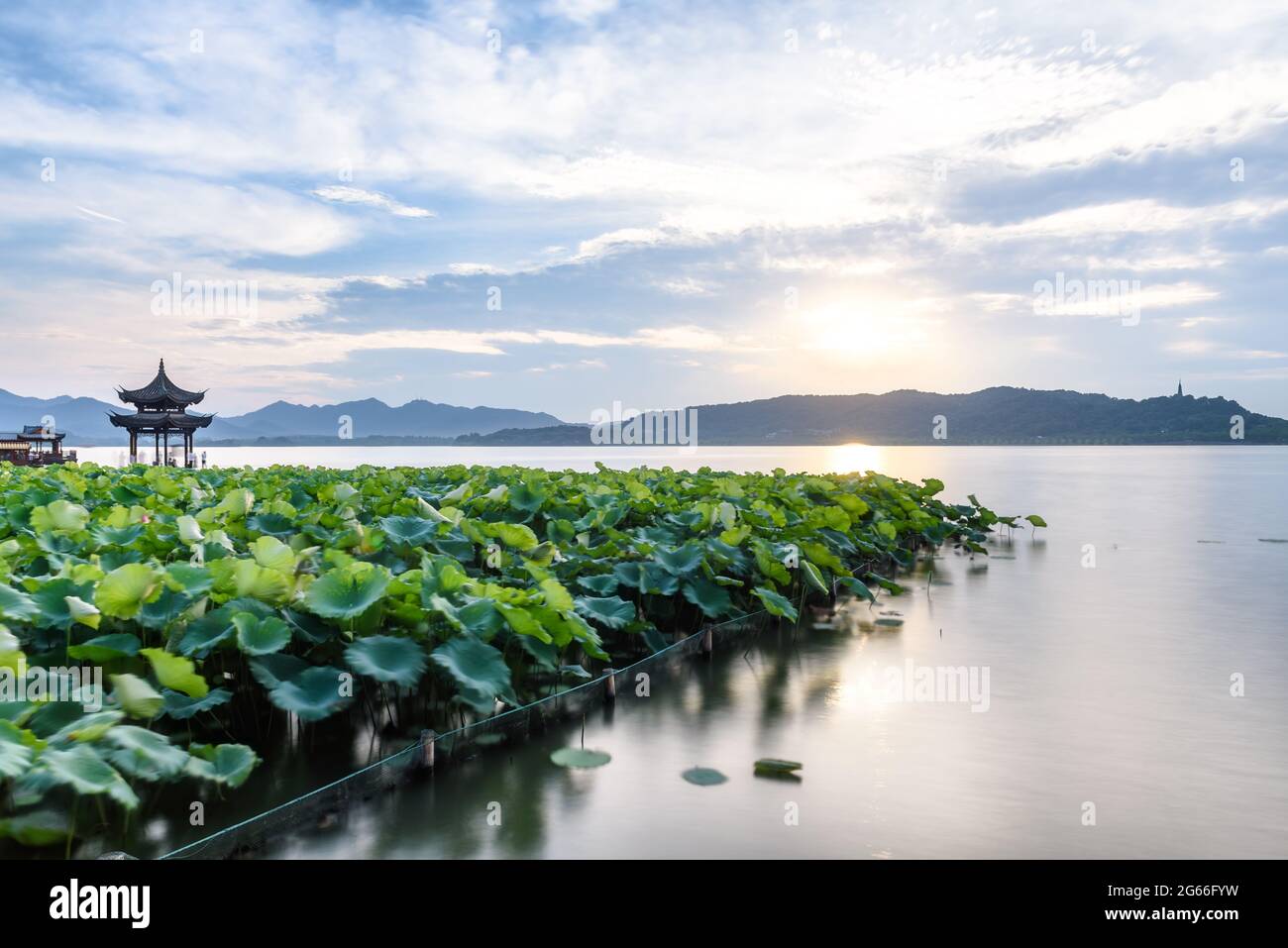 Scenery of Jixian Pavilion Scenic Spot in West Lake at sunet, Hangzhou ...