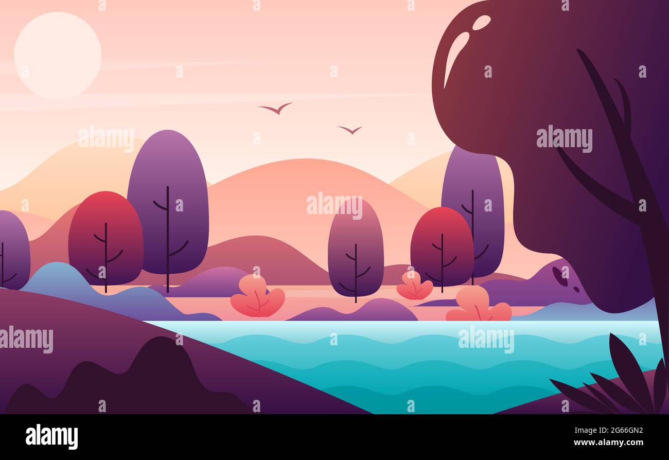 Picturesque landscape flat style vector illustration, autumn scenery ...