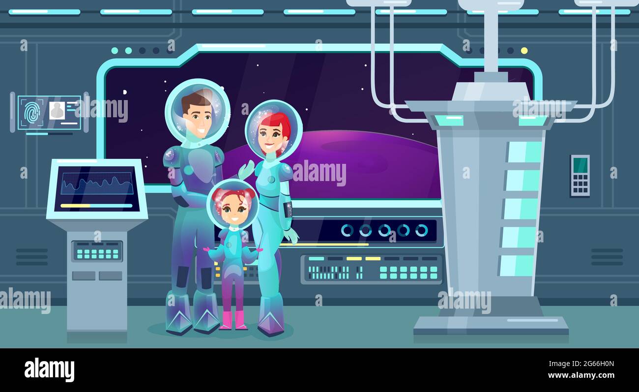 Astronauts family flat vector illustration. Cheerful mother, father and ...