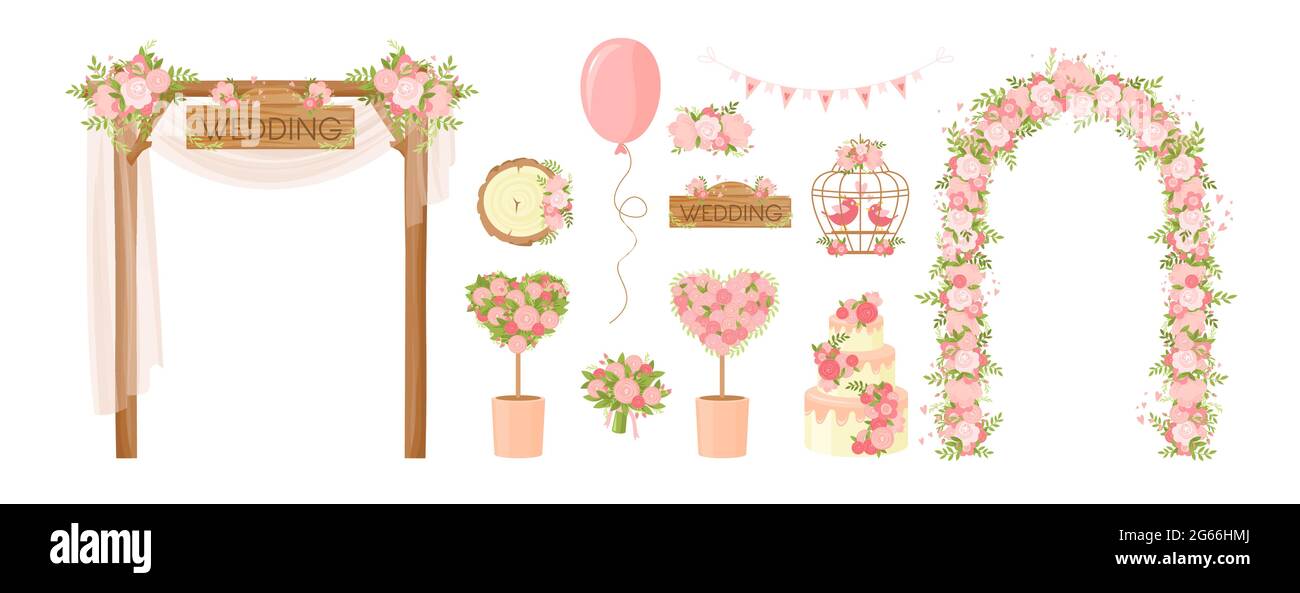 Wedding party flower decoration items set in flat cartoon style ...