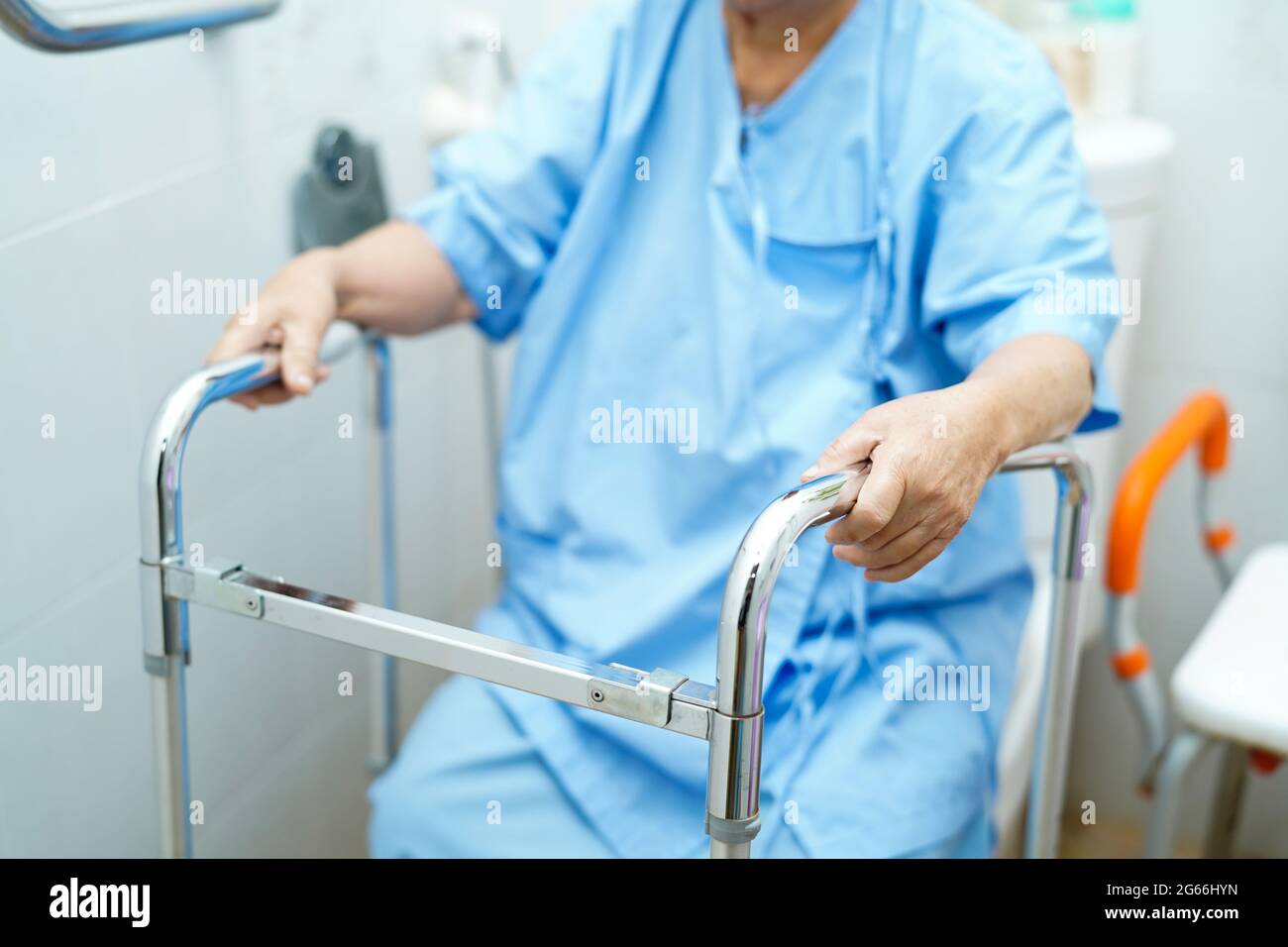 Asian senior or elderly old lady woman patient walk with walker at ...