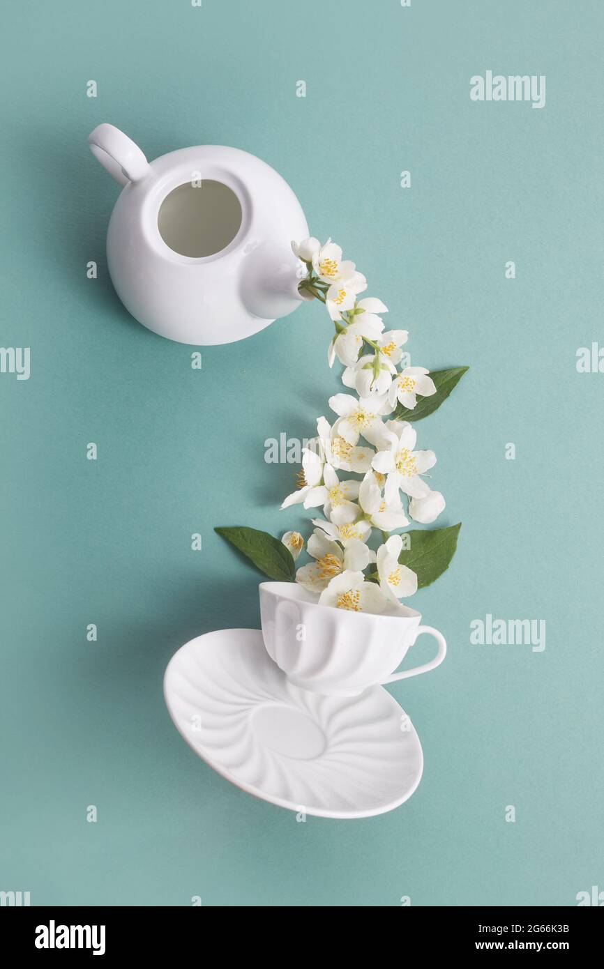 Layout of teapot and tea Cup with Jasmine flowers on a green background ...