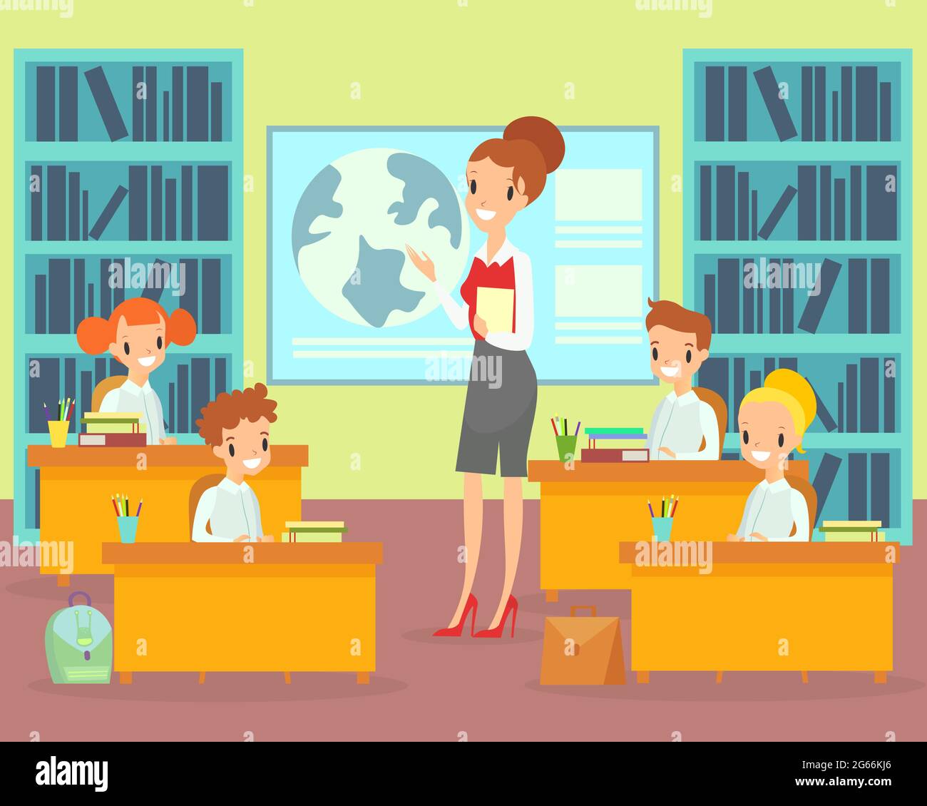 Vector illustration children in classroom with teacher. Female teacher ...